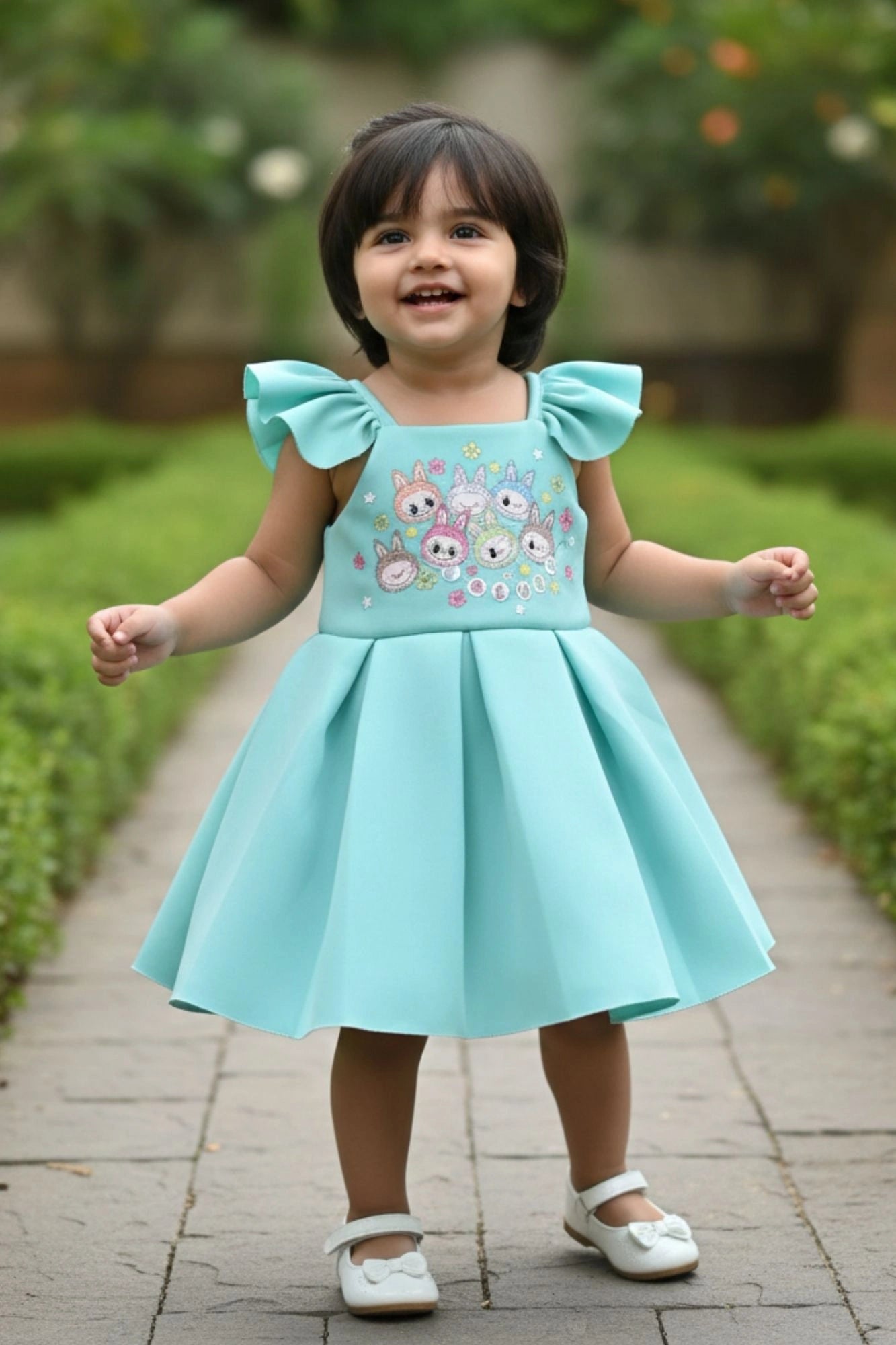 Aqua Blue Cartoon Printed Party Frock For Girls – Lagorii Kids