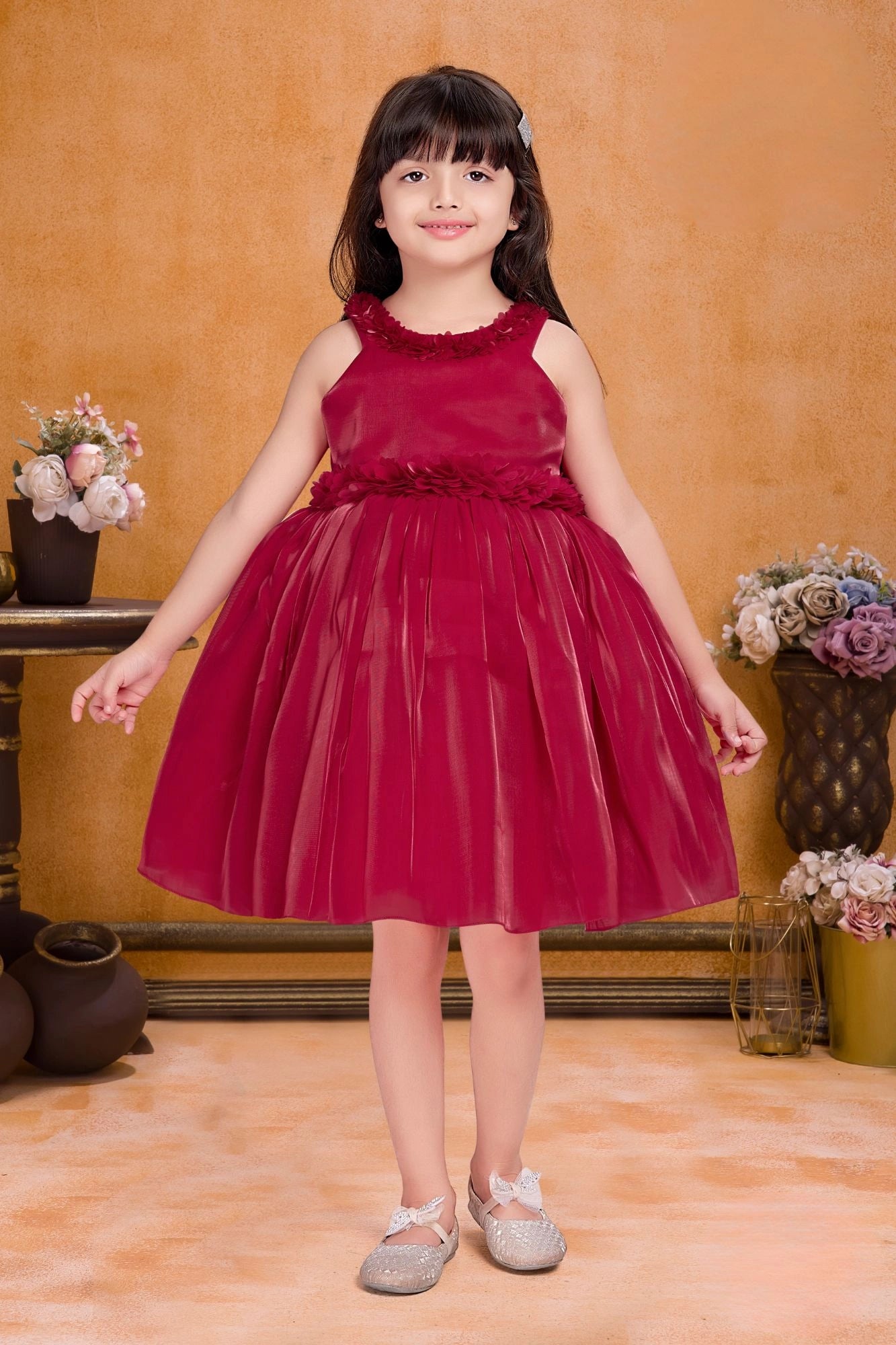 Rani Pink Embellished Satin Party Wear Frock with Floral Appliqué Deta ...