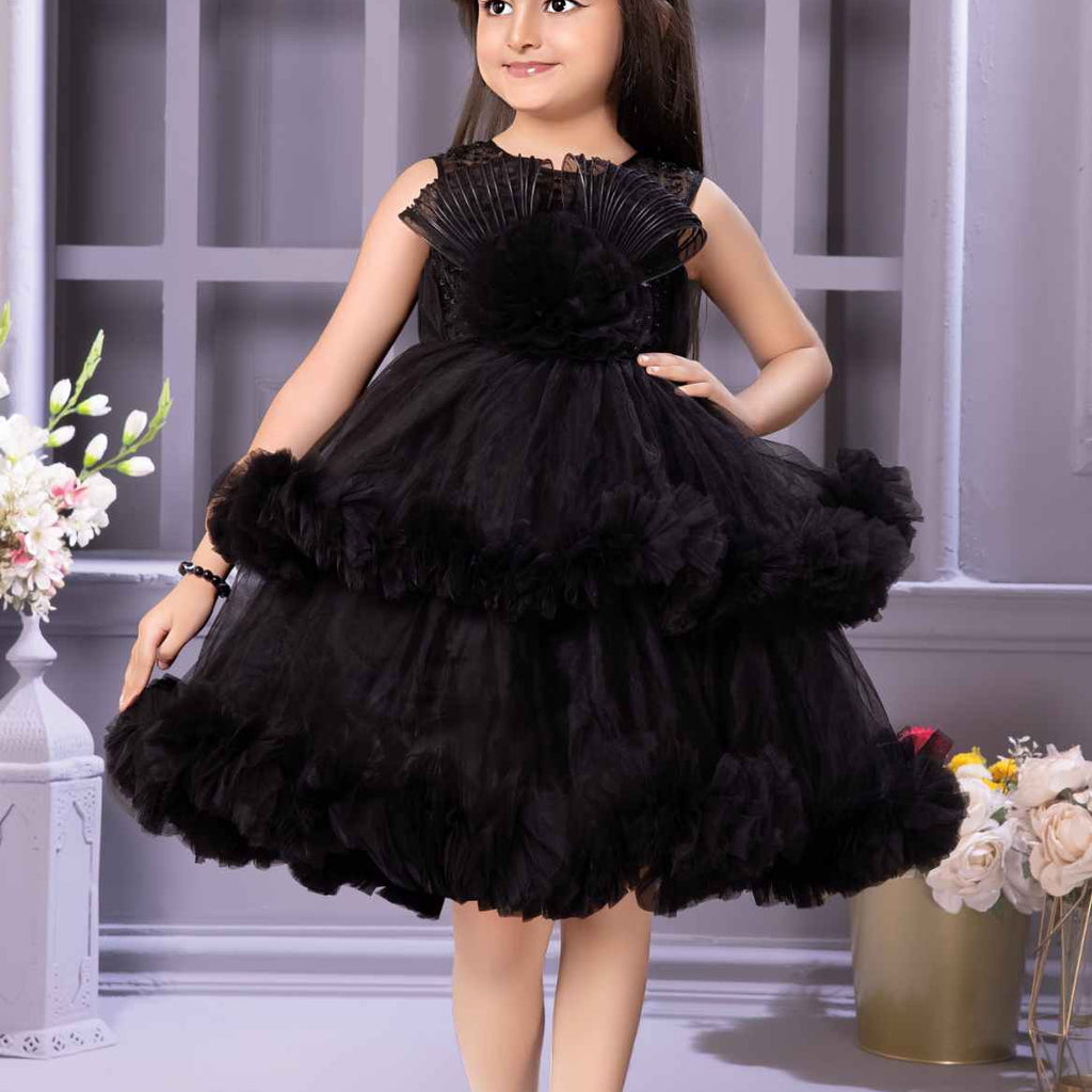 Black Frock With Floral Embellishment For Girls – Lagorii Kids