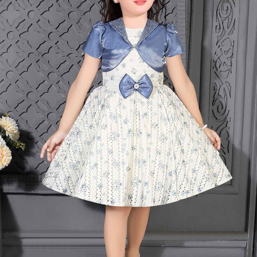 Cream Frock With Blue Sequin Overcoat For Girls – Lagorii Kids