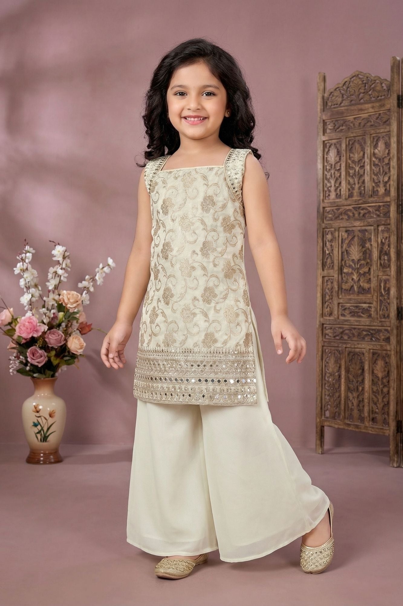 Cream And Golden Embroidered Palazzo Set For Girls – Lagorii Kids