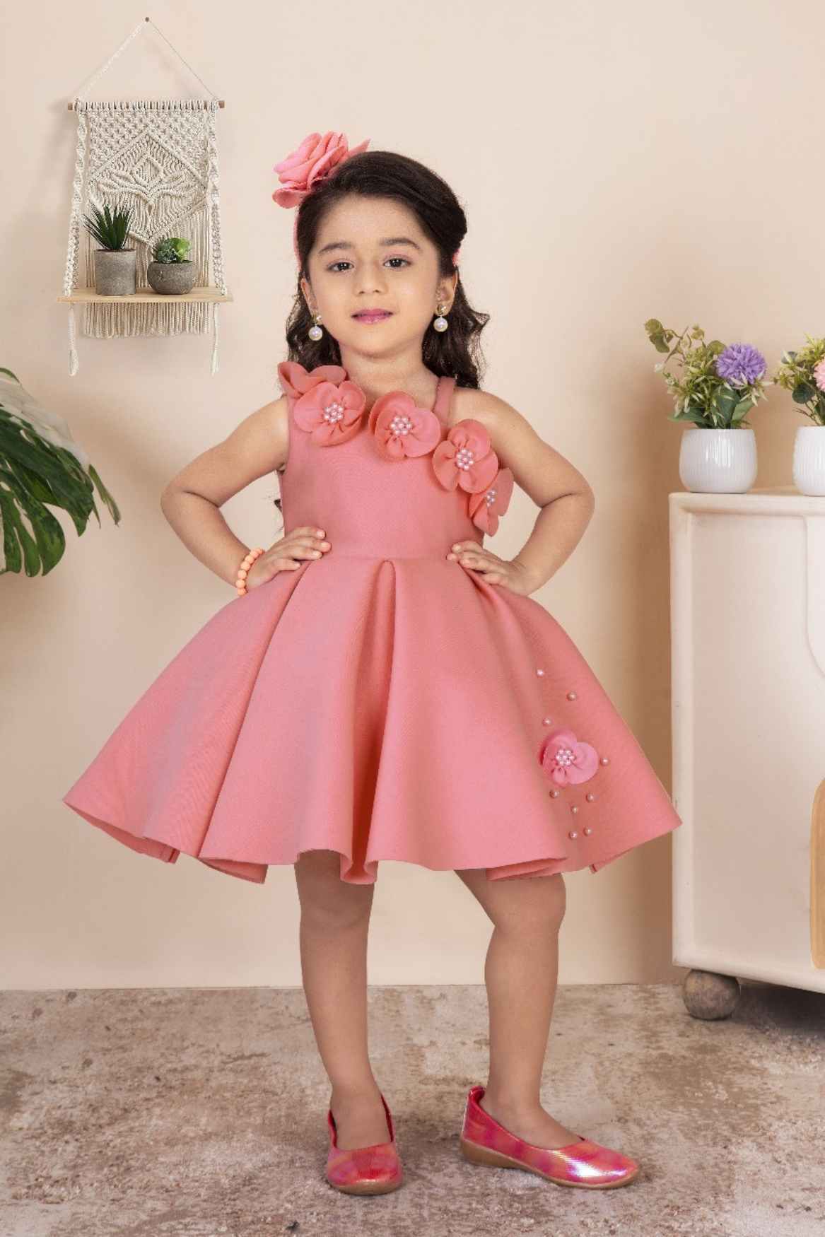 Peach Sleeveless With Bow Embellishment And Pearl Frock For Girls ...