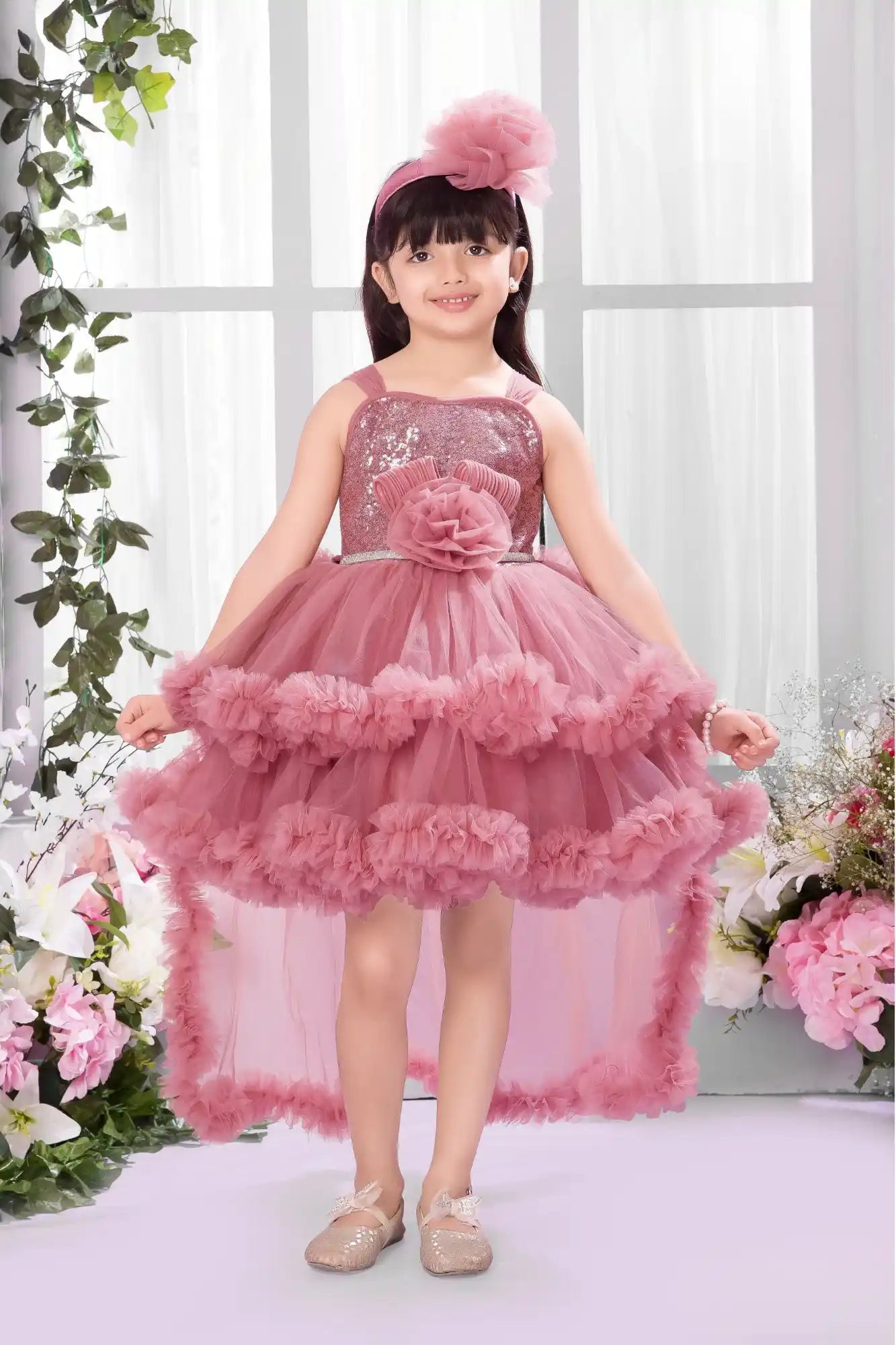 Onion Pink Party Frock with Sequin Bodice And Ruffle Layers For Girls ...