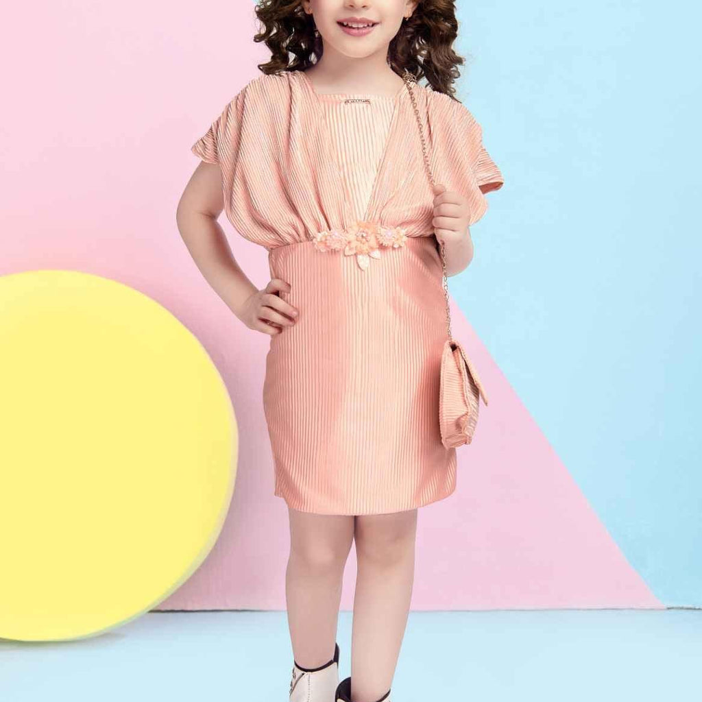 Peach Satin Midi Dress With Sling bag For Girls – Lagorii Kids