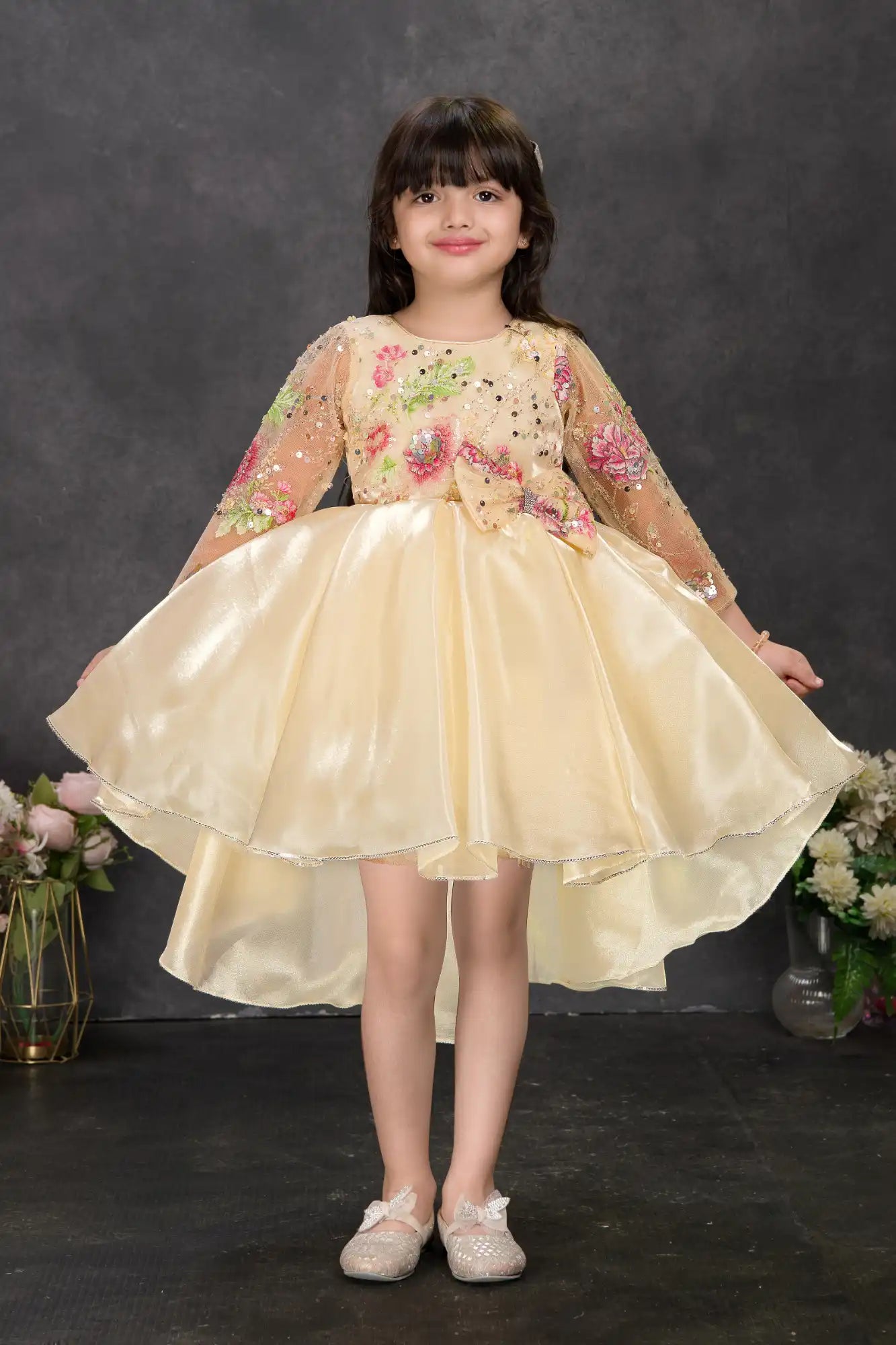 Fawn Floral Embroidered High-Low Party Frock For Girls – Lagorii Kids