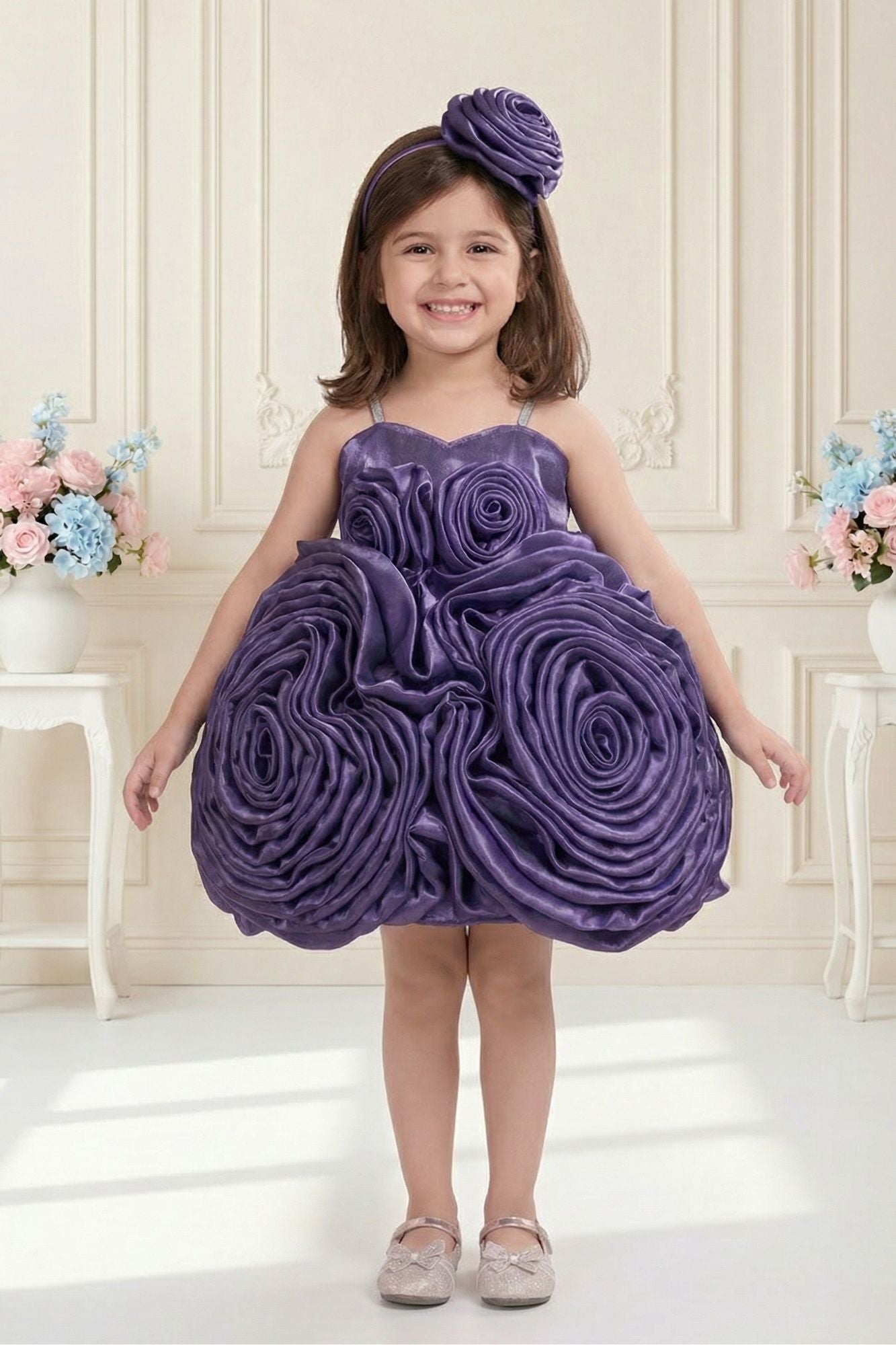 Royal Purple 3D Rosette Appliqué Party Wear Frock For Girls – Lagorii Kids