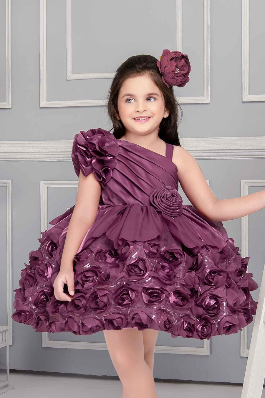 Designer Wine One Side Sleeve Frock With Floral Embellishment For Girl ...