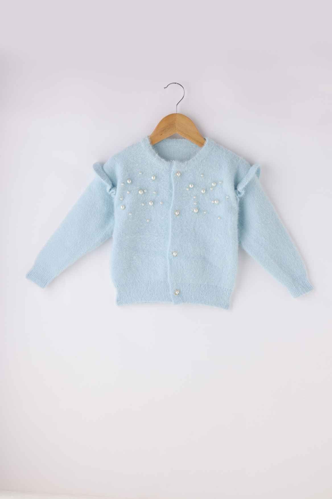 Powder Blue Cardigan With Pearl Embellished For Girls – Lagorii Kids