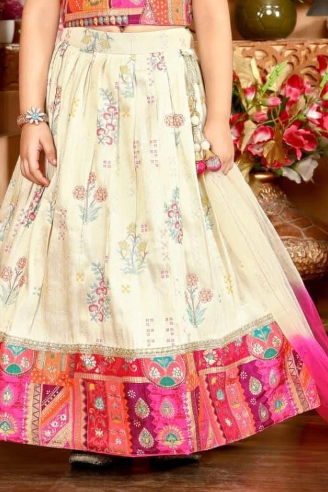 Cream And Rani Floral Print And Traditional Patchwork Lehenga Choli Fo ...