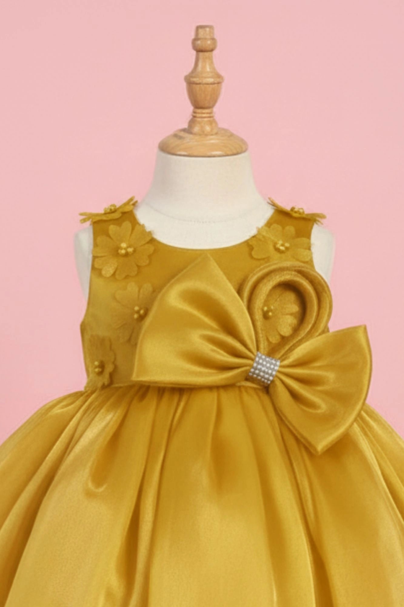 Golden Yellow Party Frock with Statement Bow and 3D Floral Appliqué Fo ...