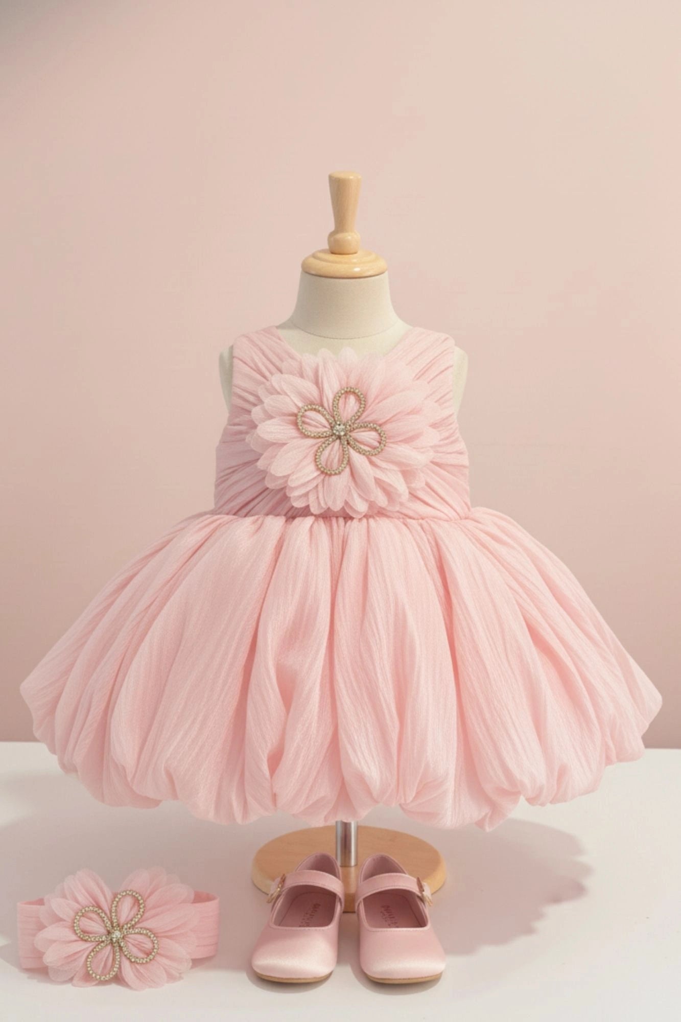 Pink Party Frock with Oversized Floral Appliqué and Pleated Shine Fini ...