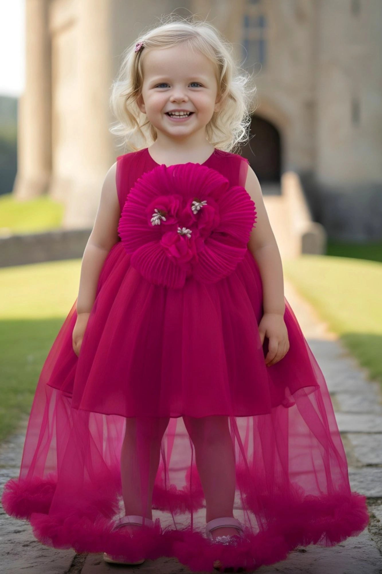 Rani Pink Party Frock with Oversized Floral Appliqué For Girls ...