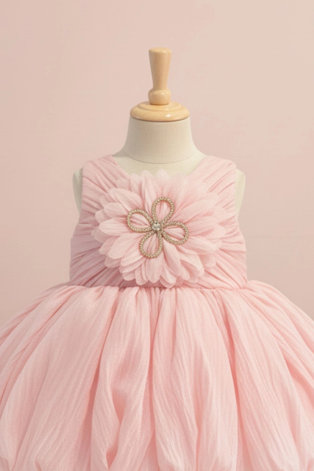 Pink Party Frock with Oversized Floral Appliqué and Pleated Shine Fini ...