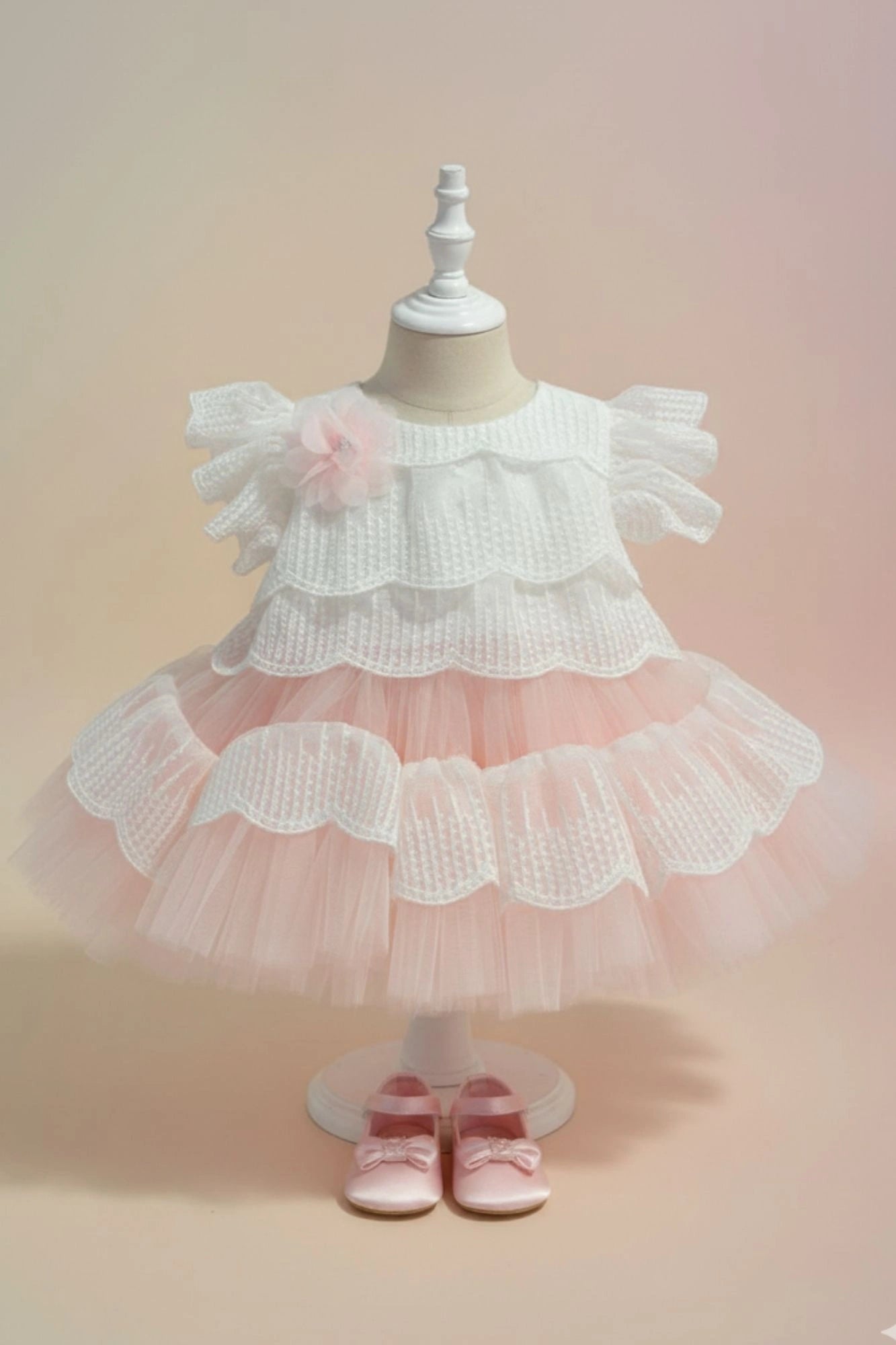 Peach Layered Frock with White Scallop Lace and Floral Accent For Girl ...