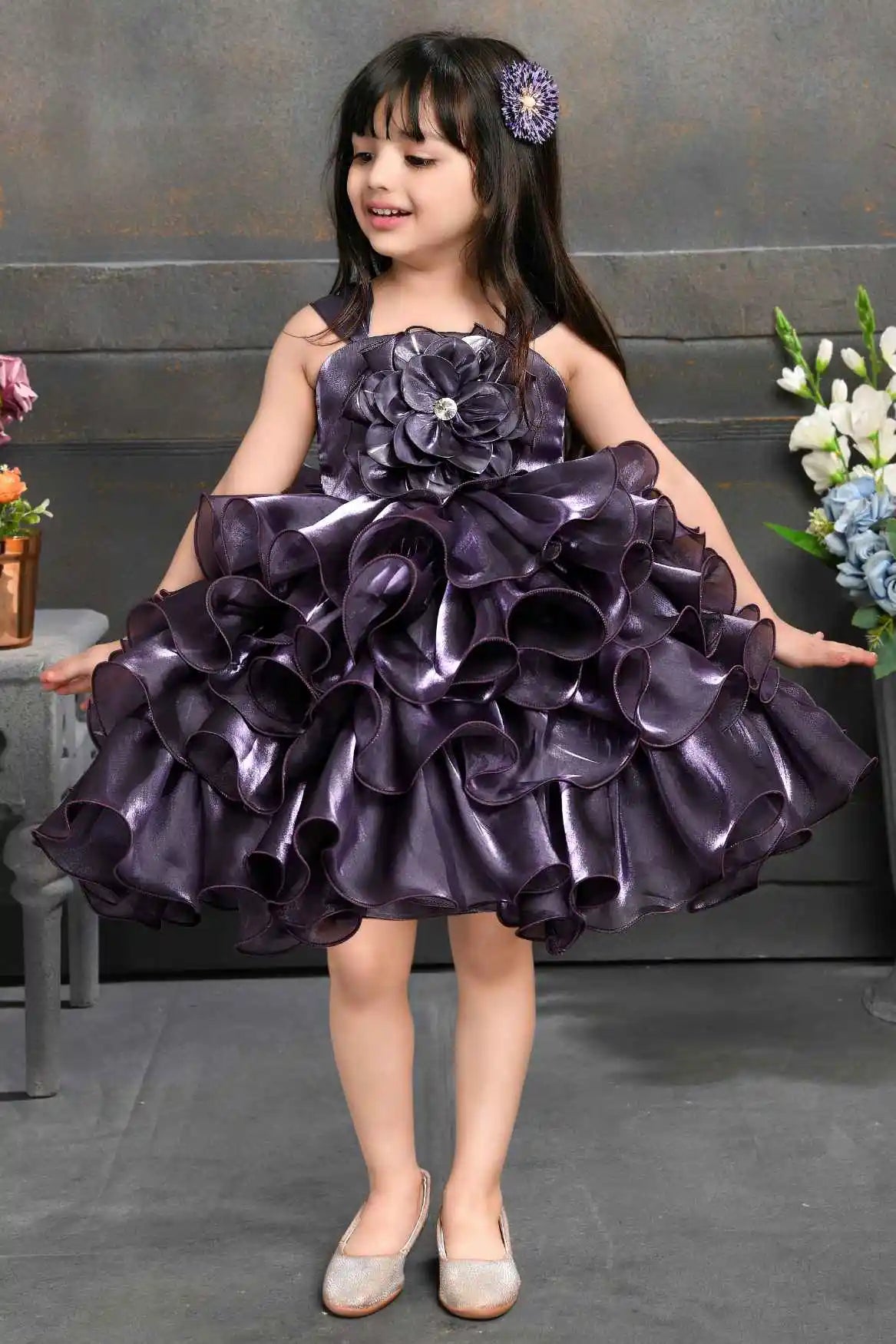 Purple Satin Partywear Frock With Flower Embellishment For Girls ...