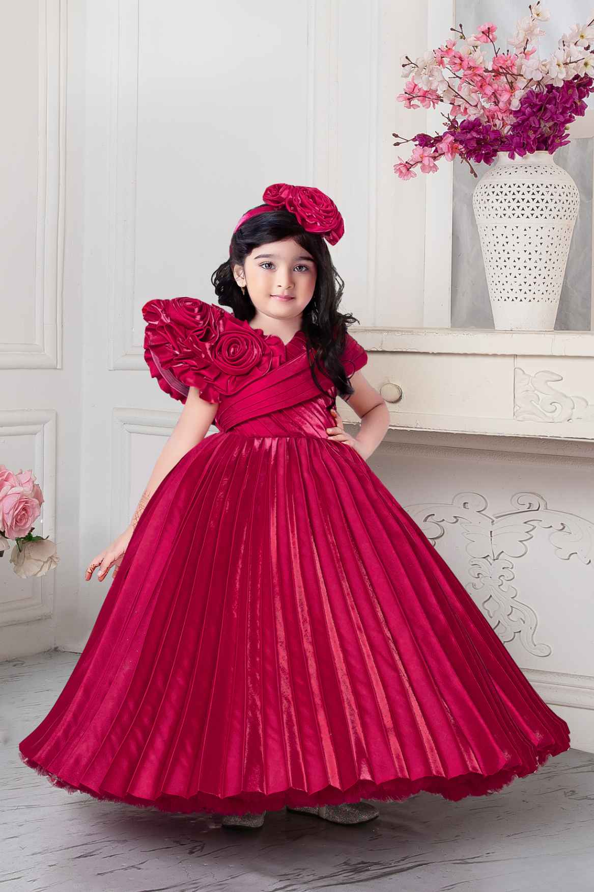 Rose Appliqué Pleated Red Party Gown For Girls – Lagorii Kids