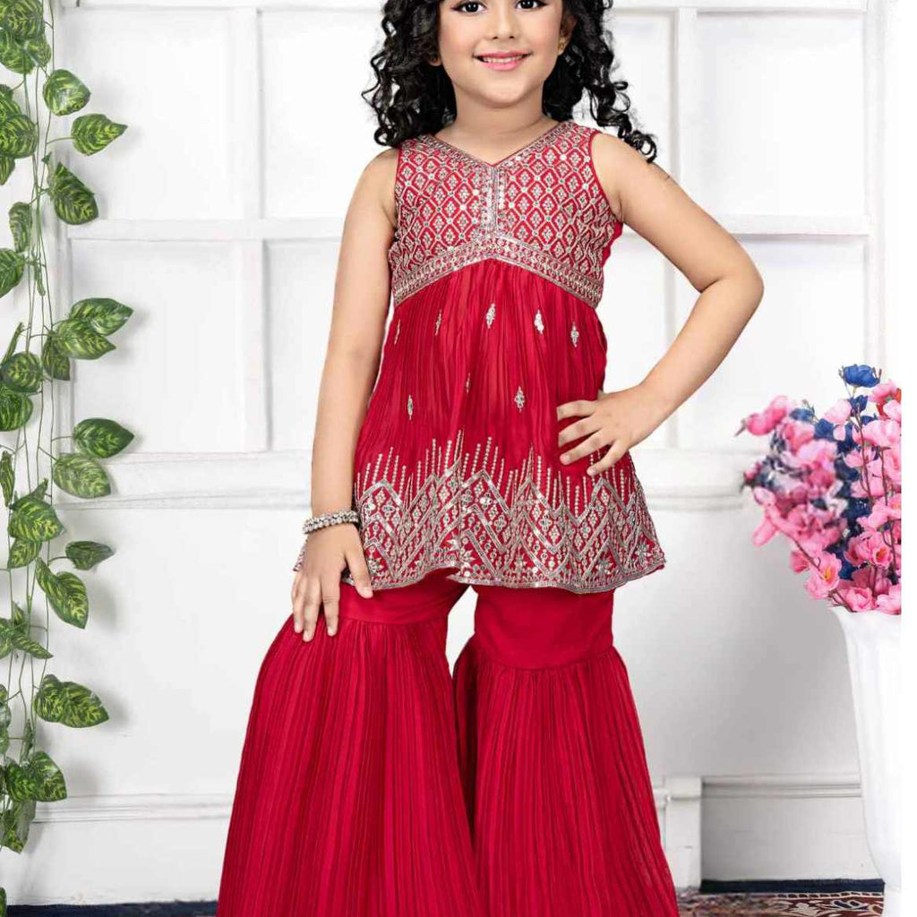Elegant Red Sequin Alia Cut Sharara Set For Girls – Lagorii Kids
