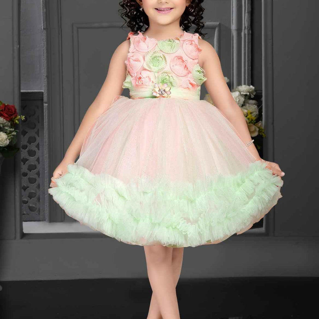 Pink and Green Ruffle Frock With Floral Embellishment For Girls ...
